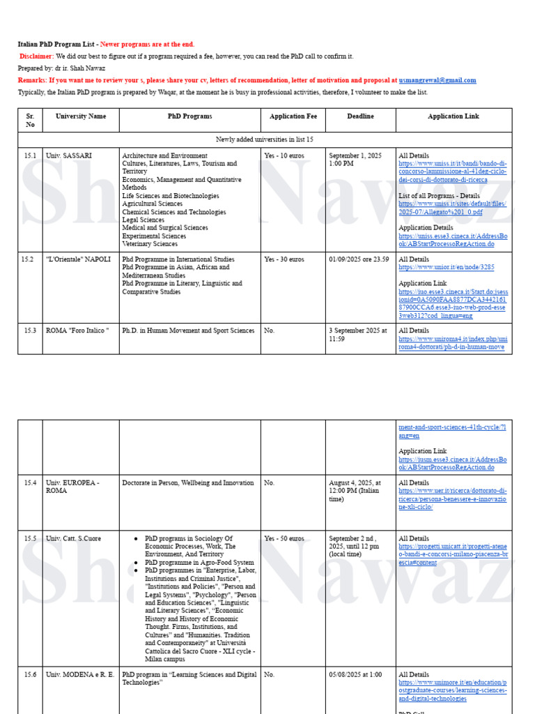 2025 Italian PHD Program List V15-1 | PDF | Science | Engineering