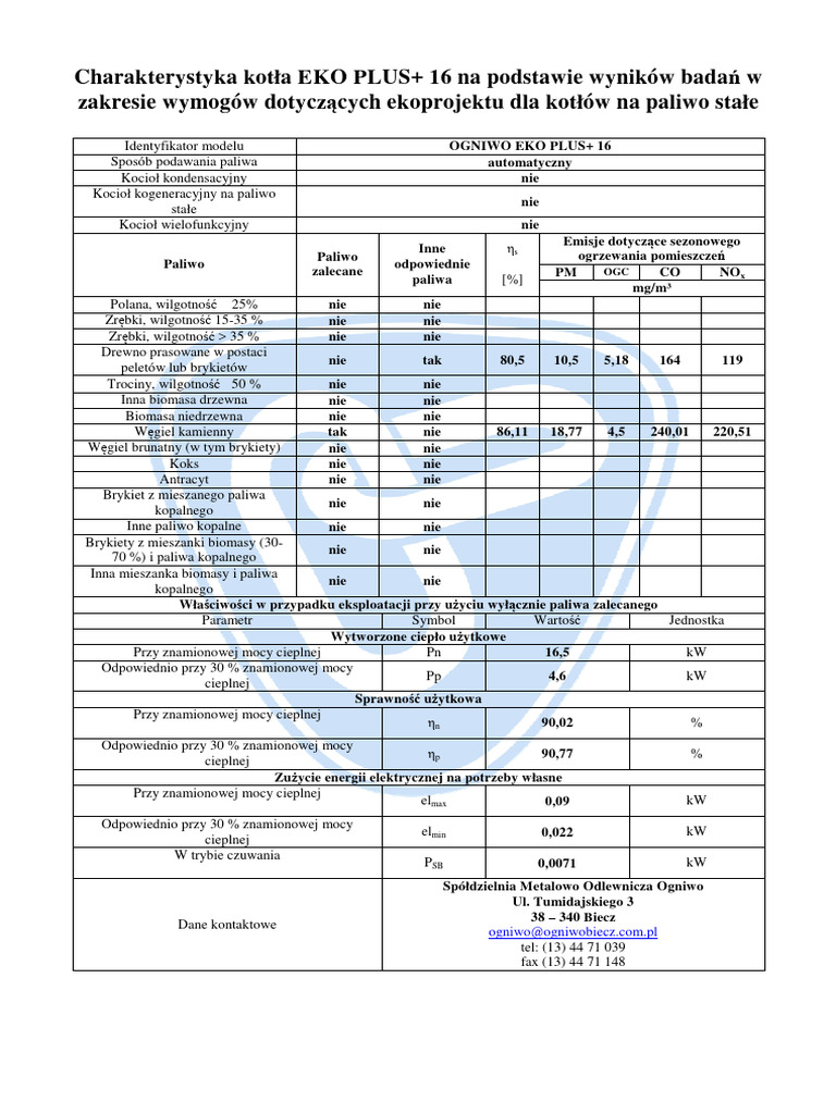 Parametry EKO PLUS 16 KW Aktualne | PDF