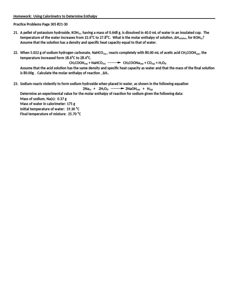 Calorimetry Practice Problems for Enthalpy | PDF | Sodium Hydroxide ...