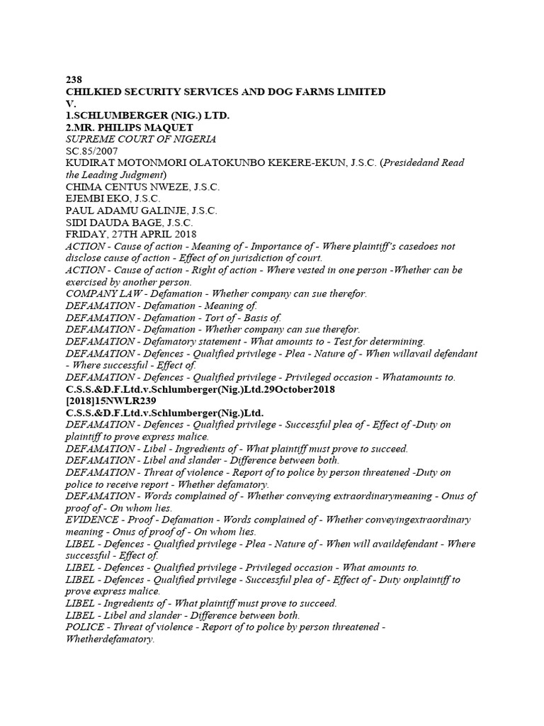 C.S.S. & D.F. Ltd. v. Schlumberger (Nig.) Ltd. (2018) | PDF ...