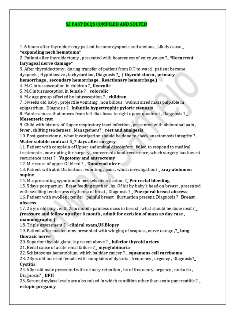 S2 Past BCQS Compiled and Solved | PDF | Hemorrhoid | Abdomen