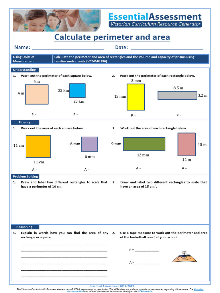 Calculate Perimeter and Area (Essential Assessment) VCMMG196 with ...