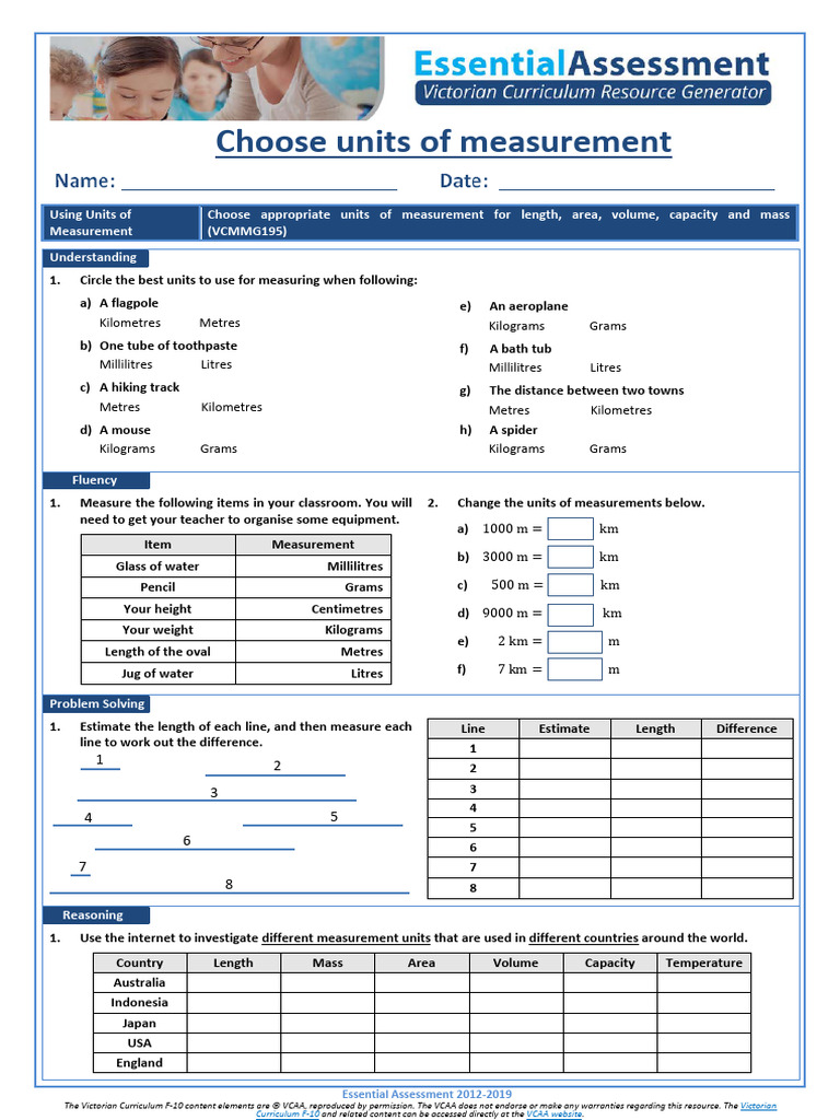 Choose Units of Measurement (Essential Assessment) with Answers ...