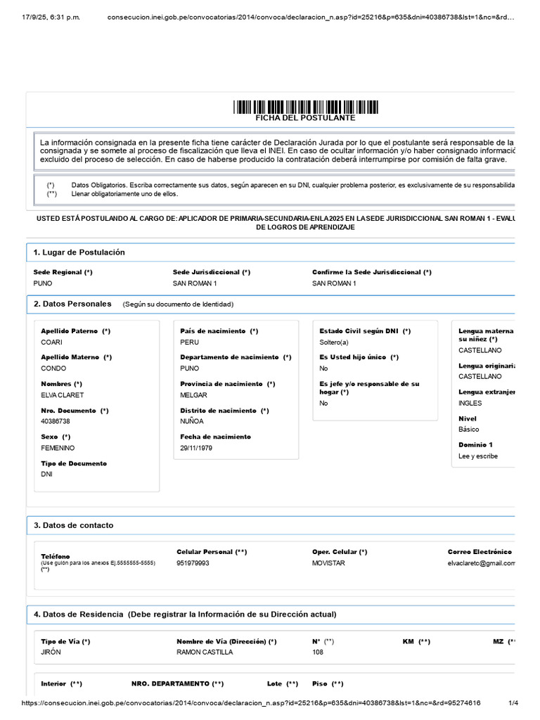 Inscripción ENLA 2025: Ficha del Postulante | PDF | Parentesco
