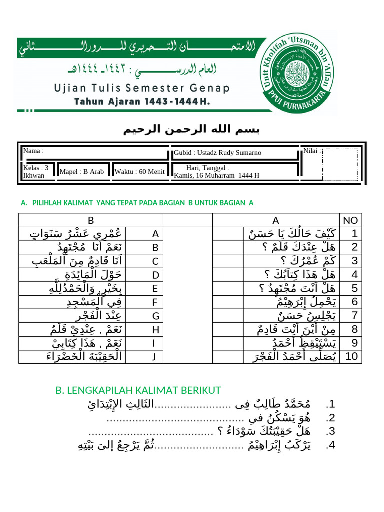 Contoh Soal Uas Mapel Bahasa Arab Kelas 3 | PDF
