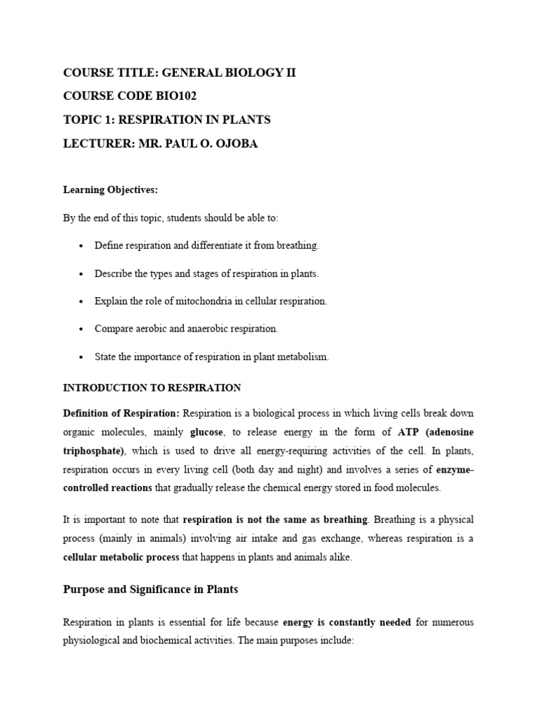 Bio102 - Respiration in Plants | PDF | Cellular Respiration | Diet & Nutrition