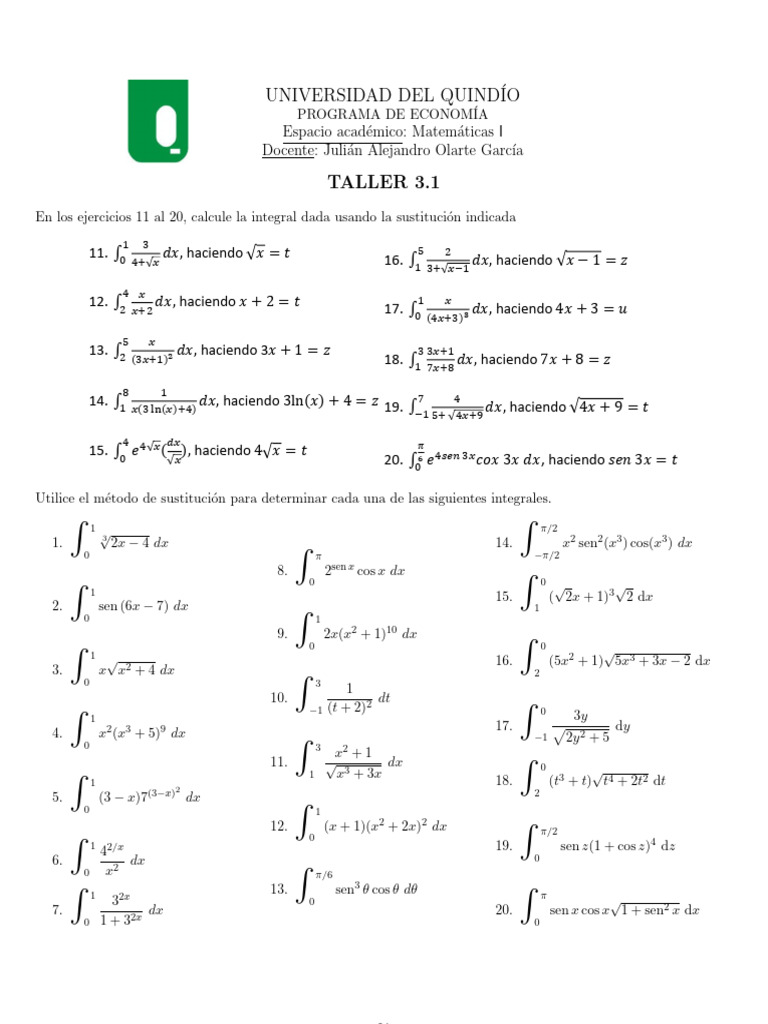 Taller de Integrales por Sustitución | PDF | Integral | Relaciones ...