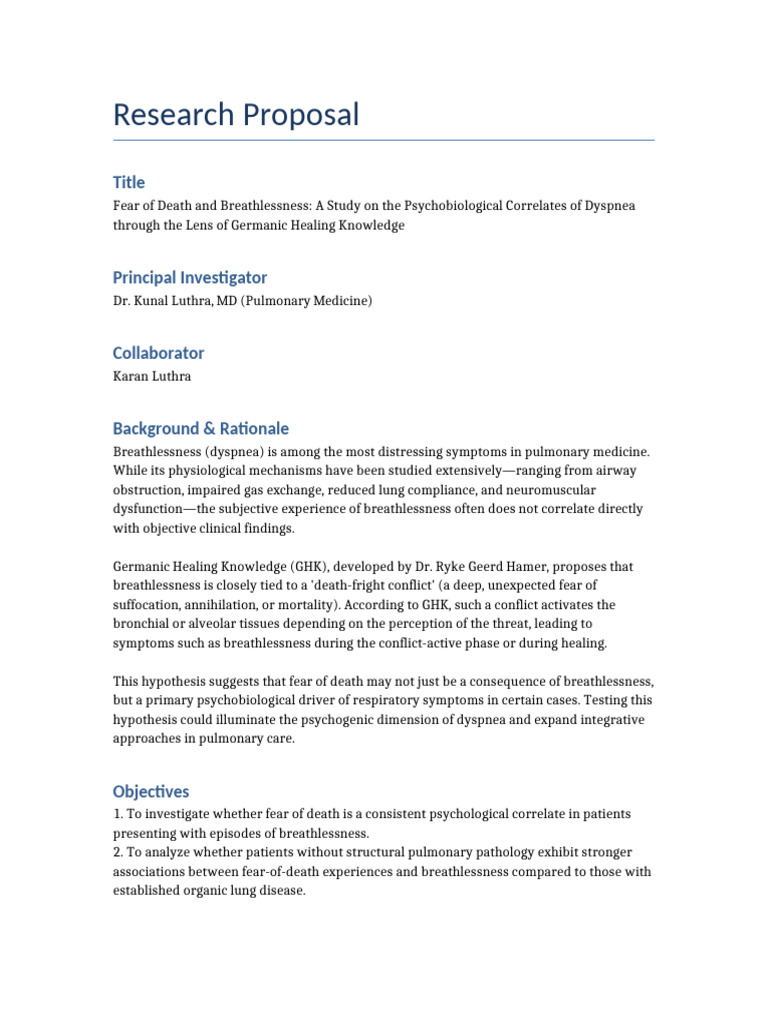 Research Proposal Breathlessness GHK | PDF | Lung | Human Diseases And Disorders