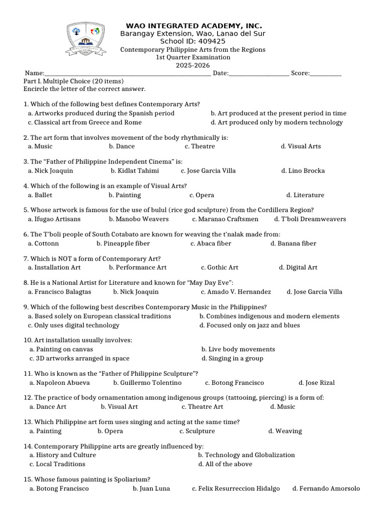 CPAR 1st Quarter Exam: Arts Focus | PDF | Philippines | The Arts