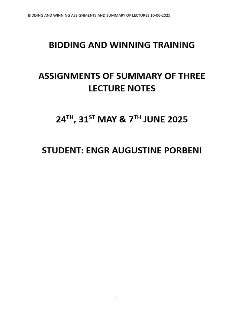 Bidding and Winning Assignment Summary of Lectures 10-06-2025 | PDF ...