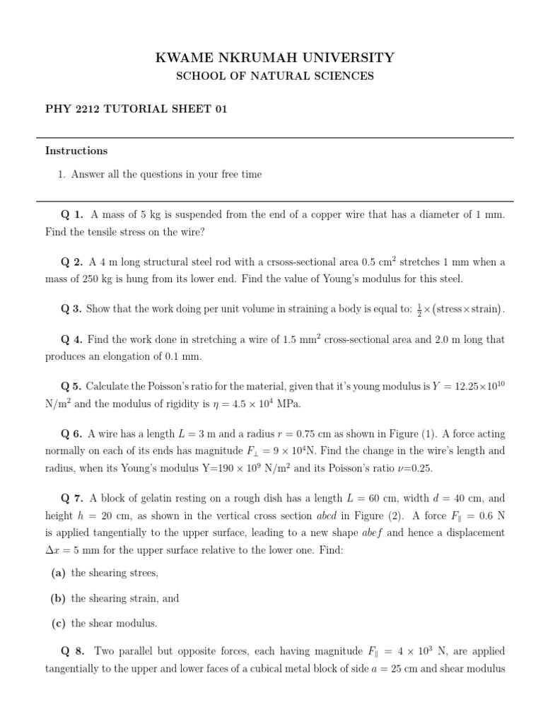 PHY 2212-Tutorial-01 | PDF | Viscosity | Young's Modulus