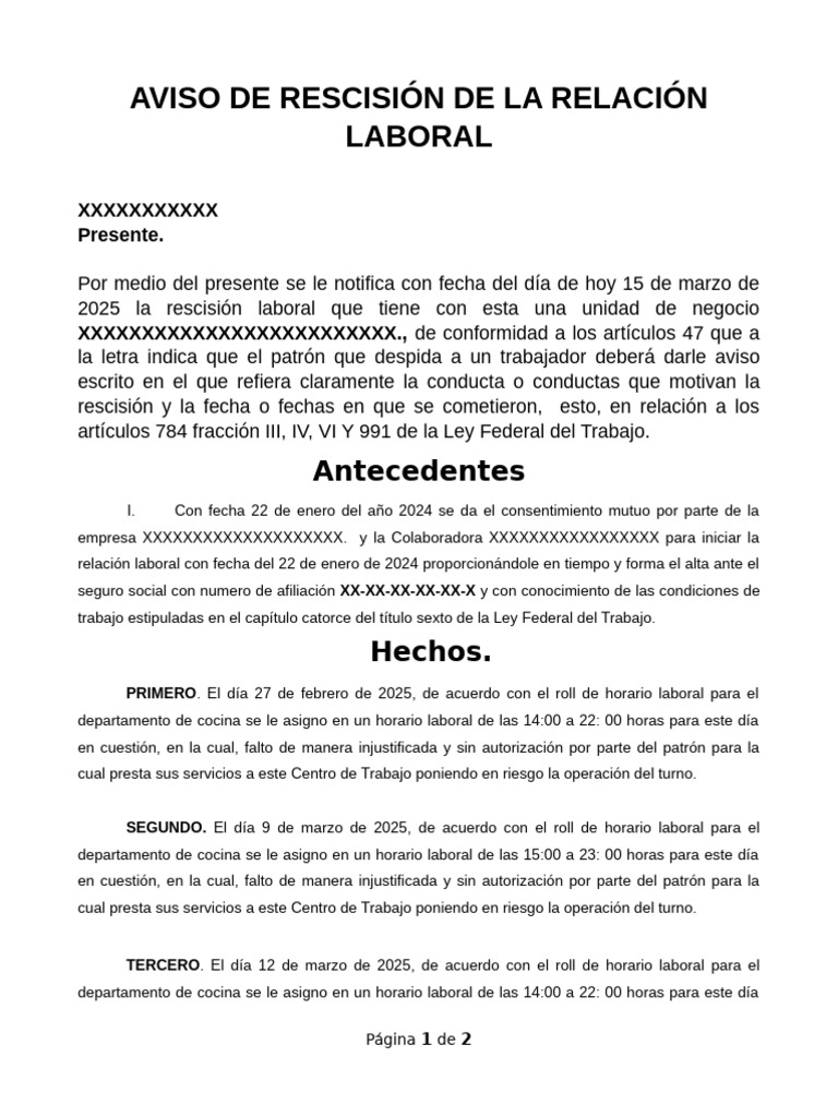 Aviso de Rescisión Laboral 2025 | PDF