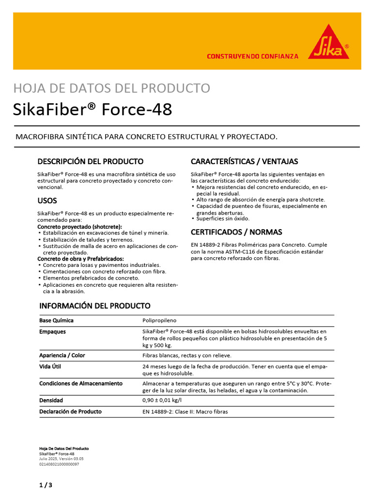 Sikafiber Force 48 | PDF | Hormigón | Materiales