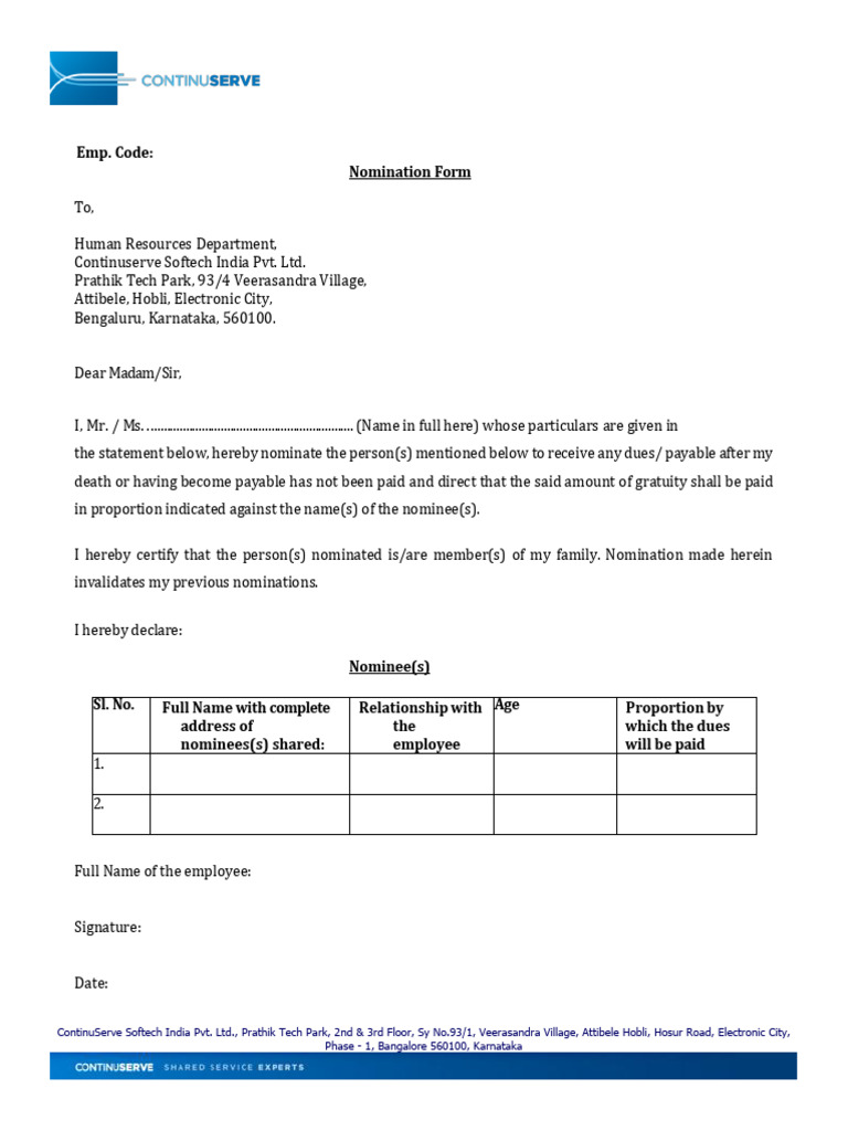 Gratuity Nomination Form Sample PDF | PDF