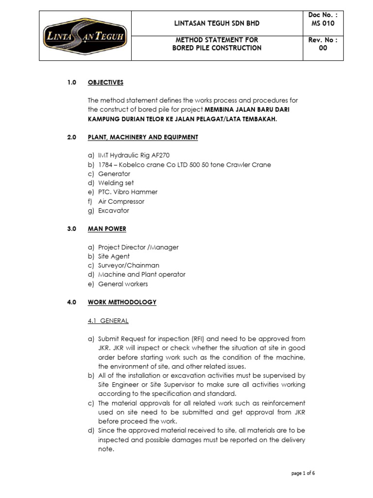 Bored Pile Construction Method Statement | PDF | Drilling Rig | Civil ...