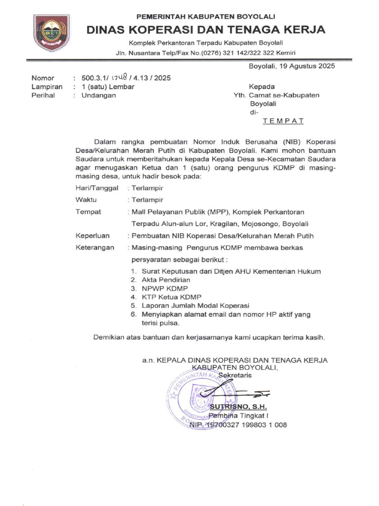 Undangan Pembuatan NIB KDMP | PDF