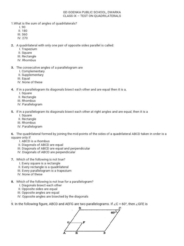 Ix - Quadrilaterals Test | PDF | Rectangle | Geometry