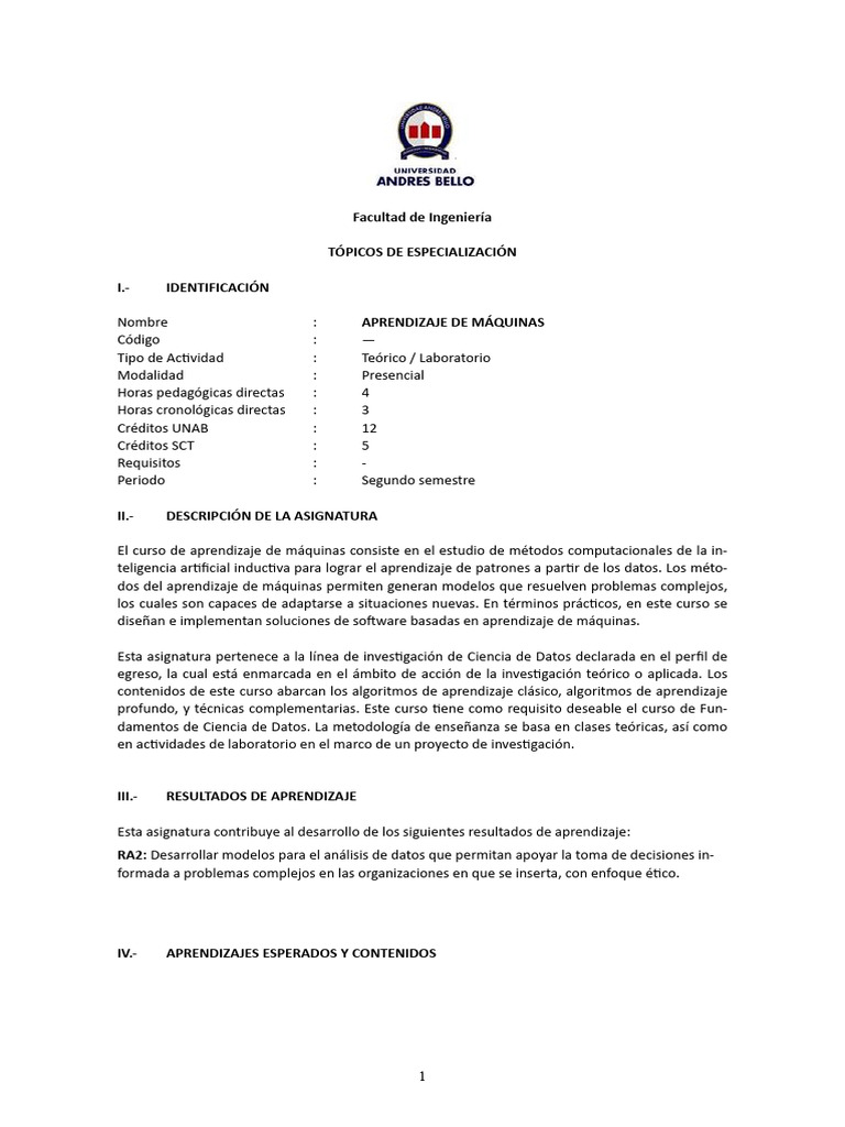 Syllabus MachineLearning | PDF | Aprendizaje | Algoritmos