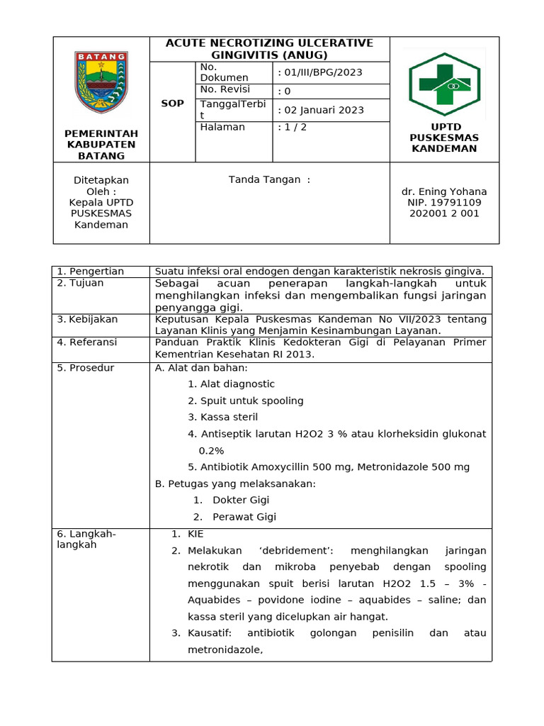 1. Sop Acute Necrotizing Ulcerative Gingivitis (Anug) | PDF