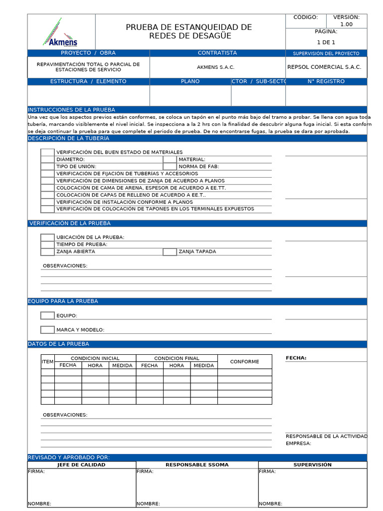 Prueba de Estanqueidad Redes Desague | PDF