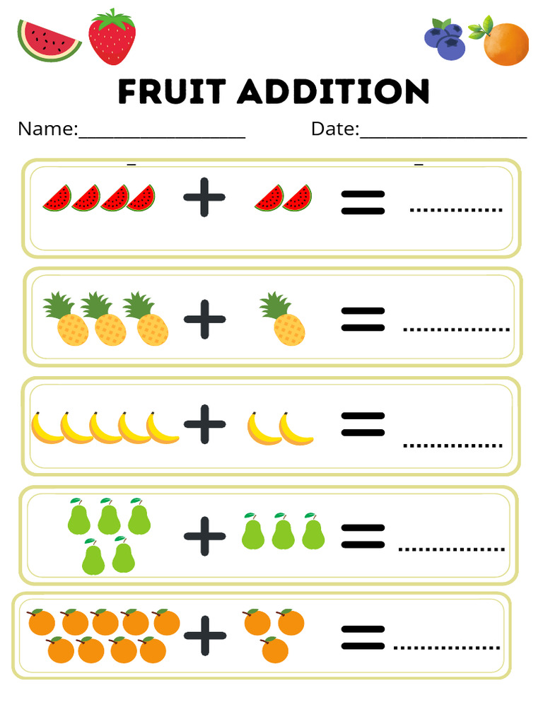 Fruit Addition Worksheet in Colorful Style | PDF