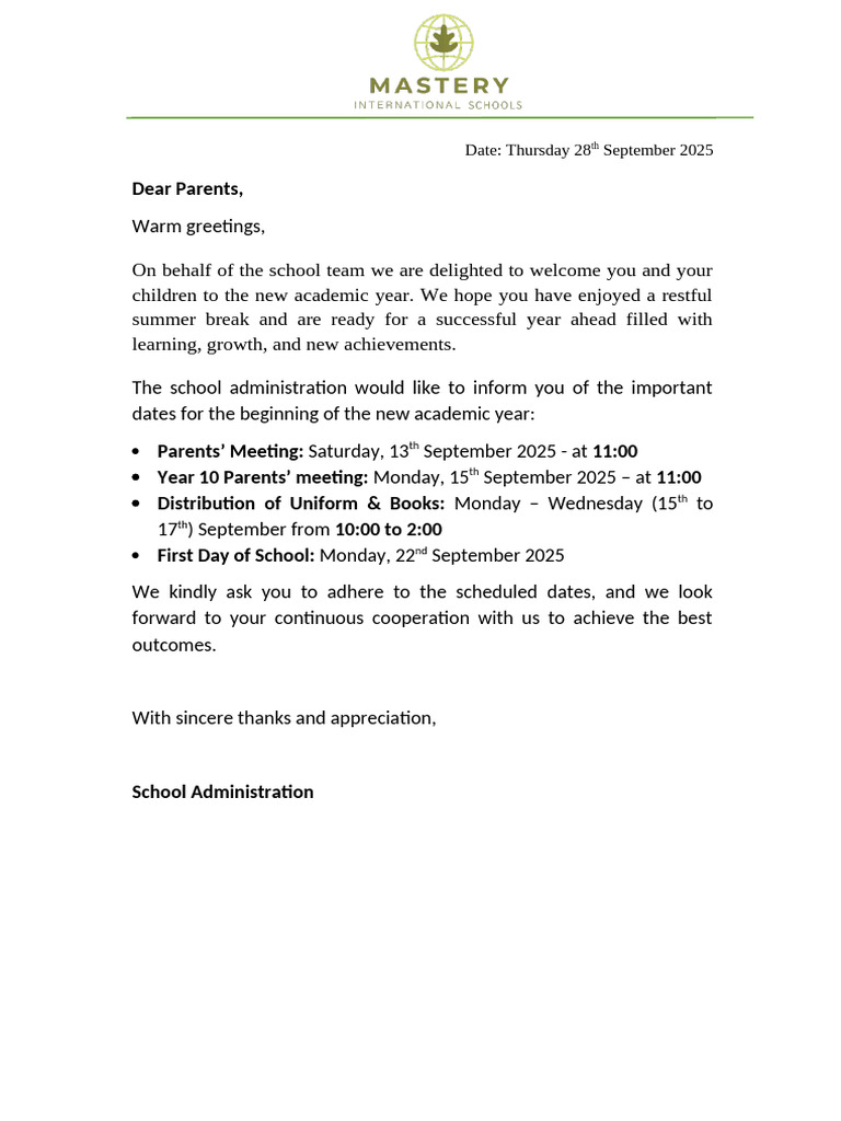 Important Dates for New Academic Year | PDF