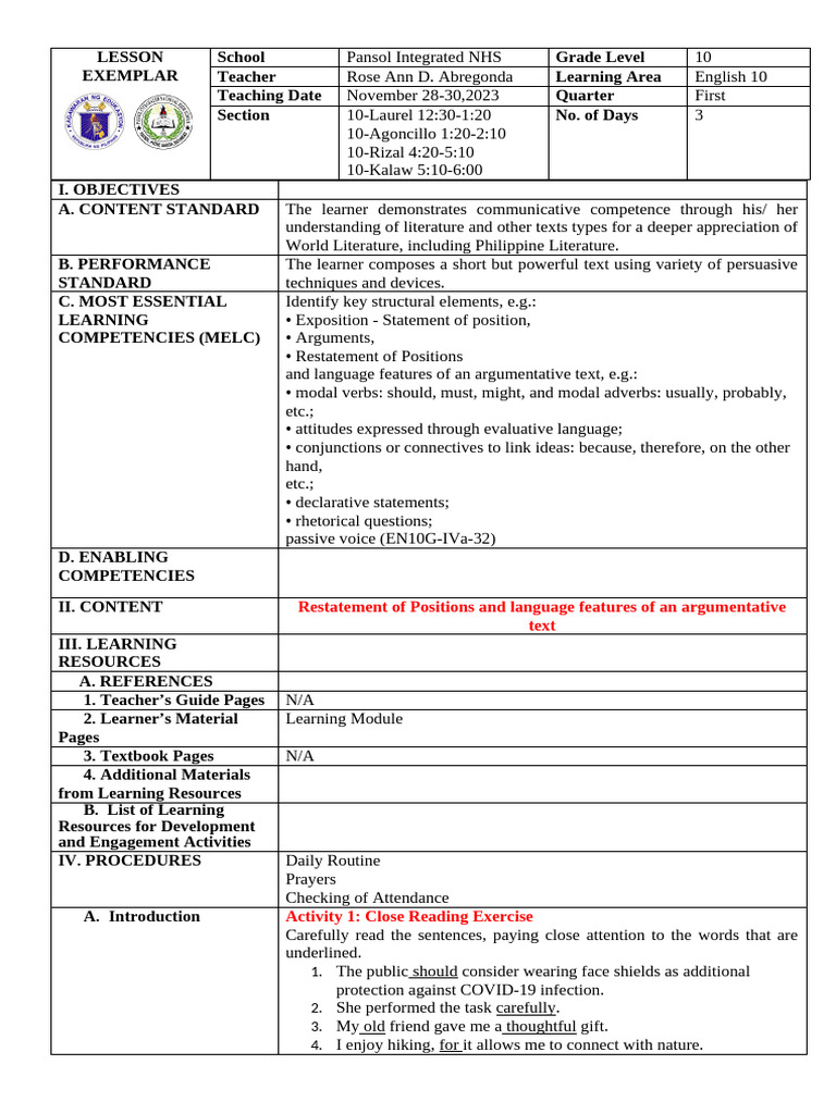 English 10 Argumentative Text Lesson Plan | PDF | Verb | Learning