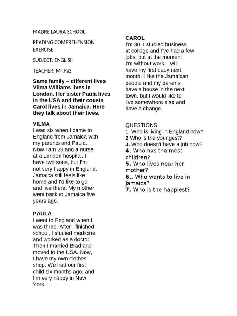 Reading Comprehension Exercise - Vilma | PDF