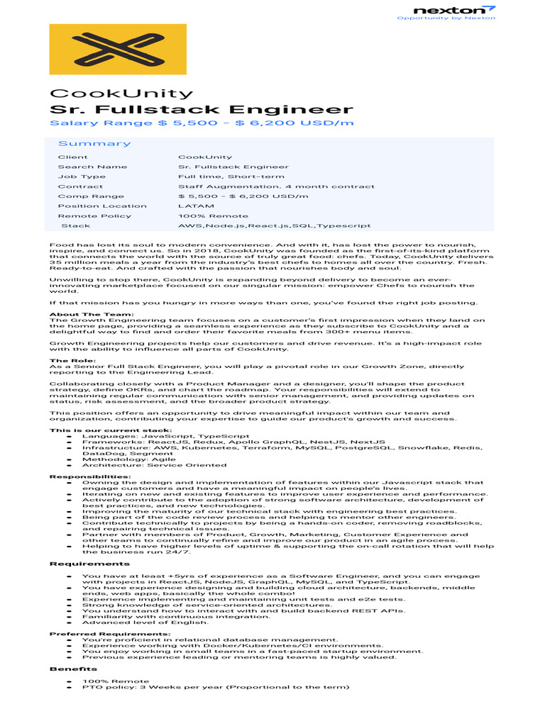 Sr. Fullstack Engineer @CookUnity | PDF | Software Engineering | Information Technology