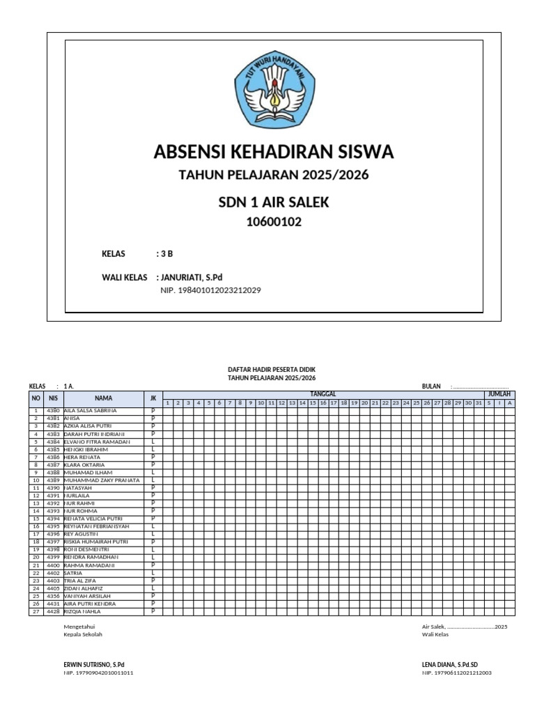 Daftar Absensi Siswa 2025/2026 | PDF