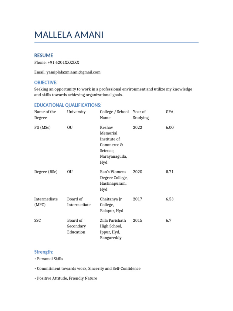 Mallela Amani Resume Overview | PDF