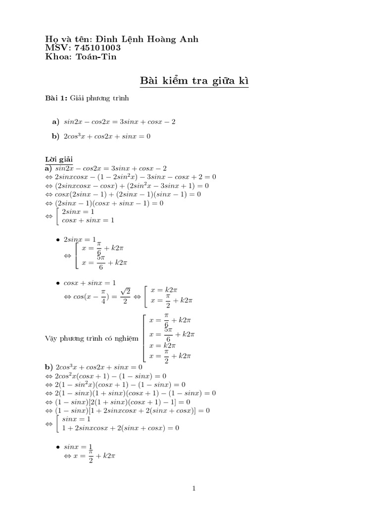 B I Kiºm Tra Giúa K : Hå V T N: Inh L NH Ho NG Anh MSV: 745101003 Khoa ...