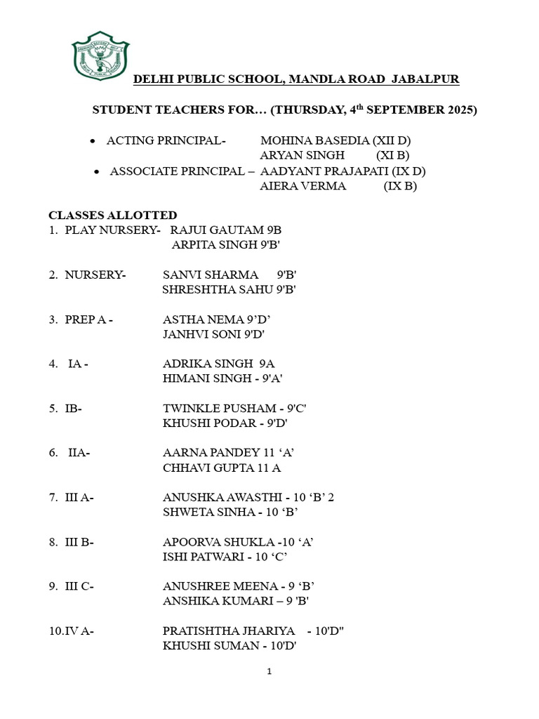 Student Teacher Assignments 2025 | PDF