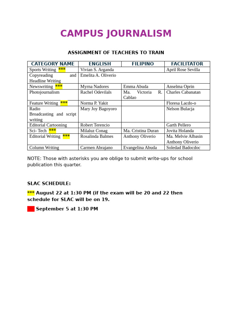 Campus Journalism Training Schedule | PDF