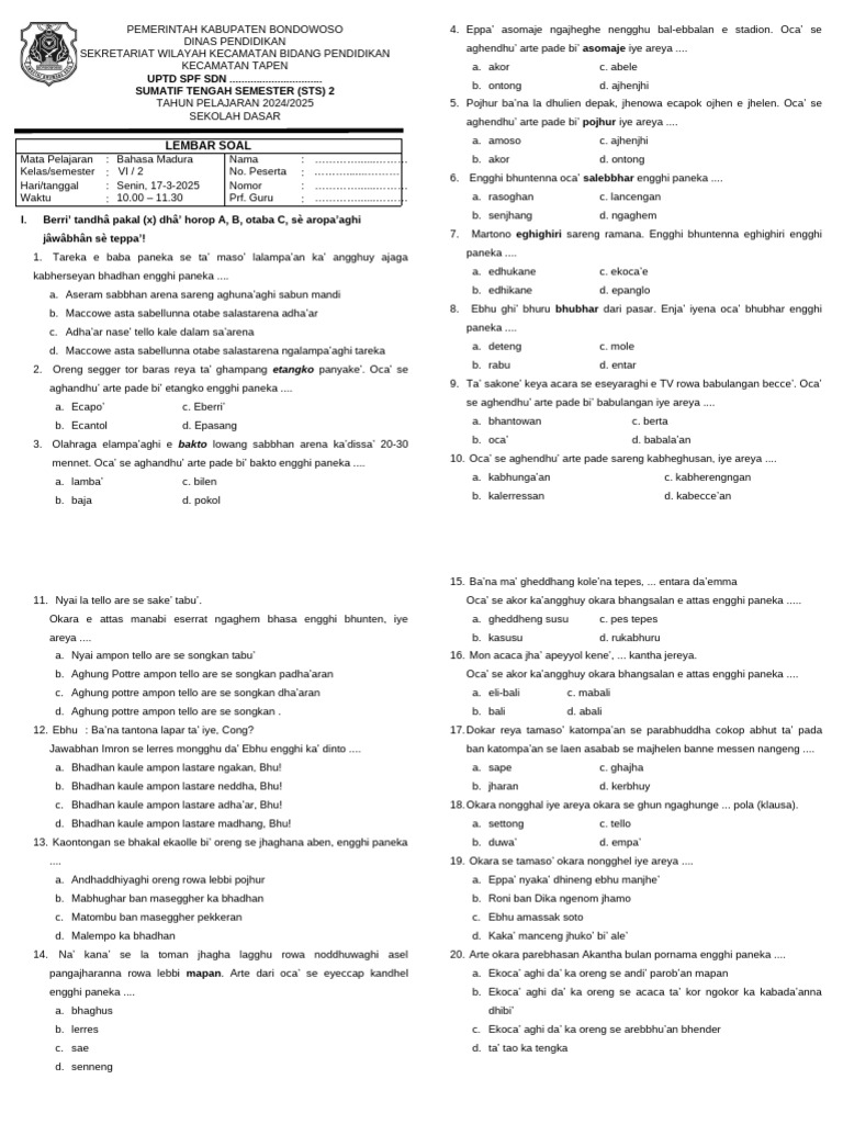Soal Sts Bhs Madura Kls 6 | PDF
