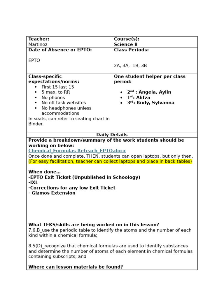 EPTO PTO+Lesson+2 +Chemical+Formulas | PDF
