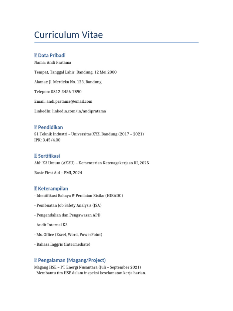 CV Fresh Graduate HSE AK3U | PDF