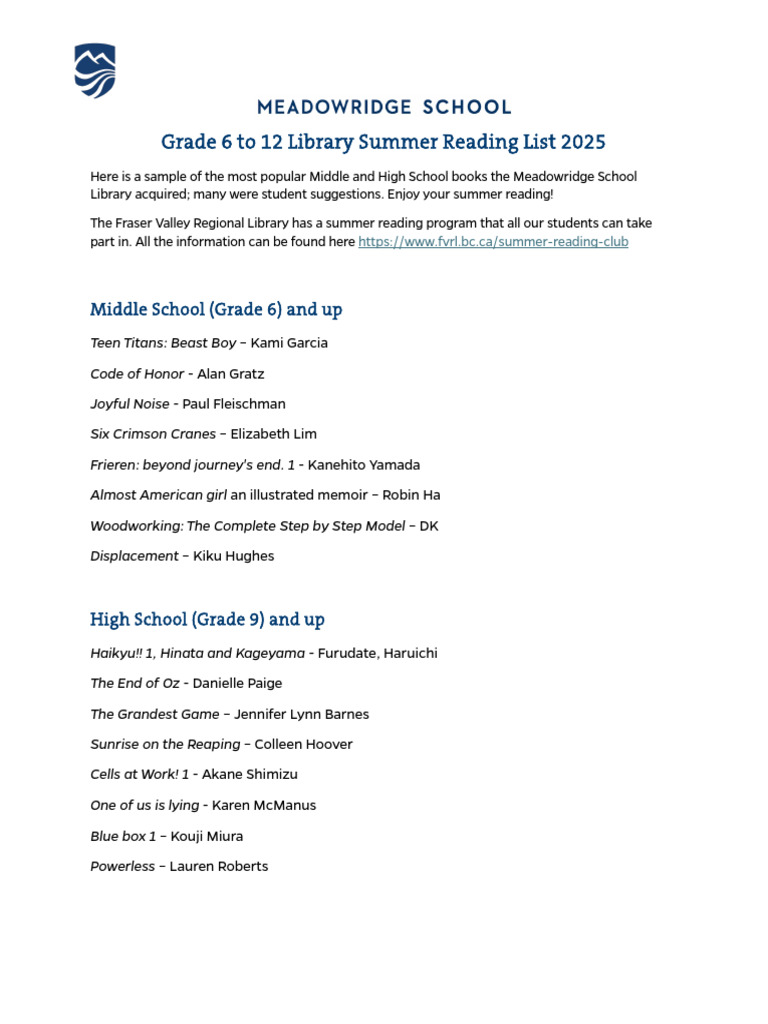 2025 Summer Reading List for Grades 6-12 | PDF
