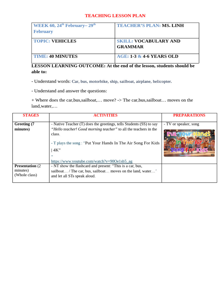 Vehicles Vocabulary Lesson Plan | PDF | Applied Linguistics | Linguistics
