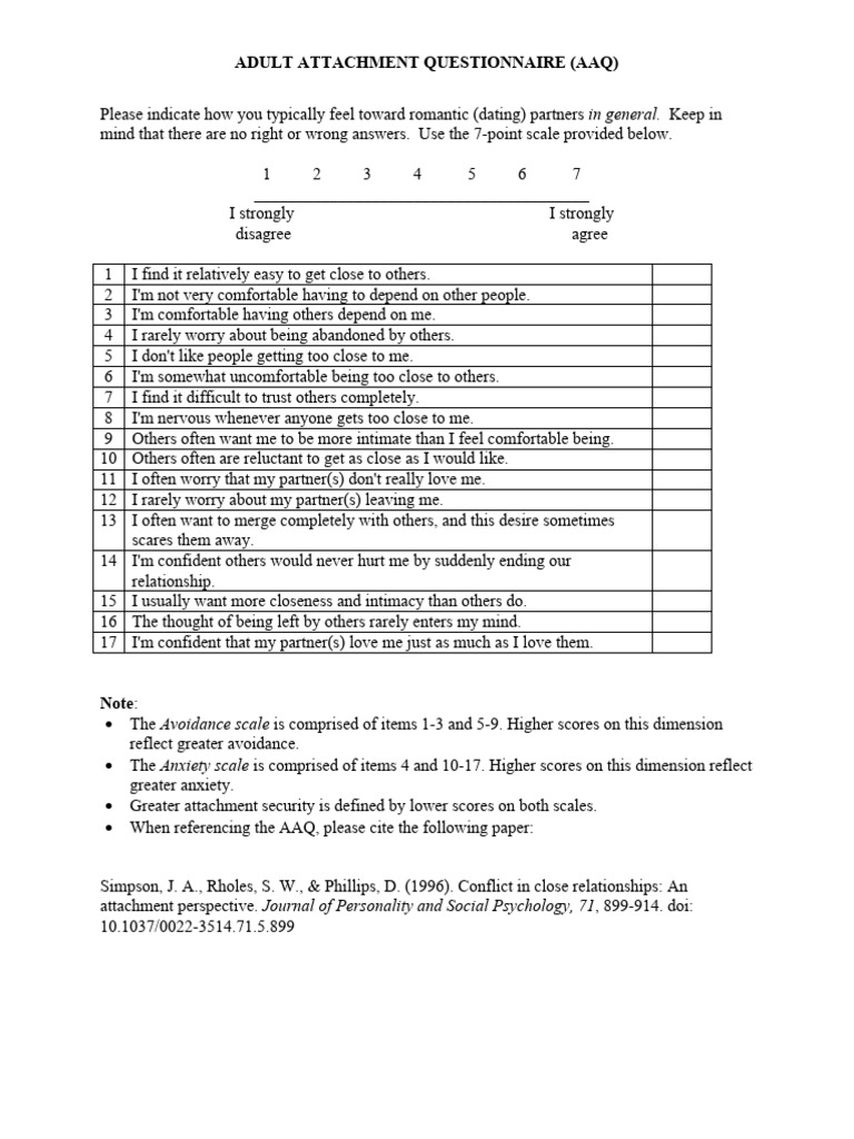 Adult Attachment Questionnaire (AAQ) | PDF