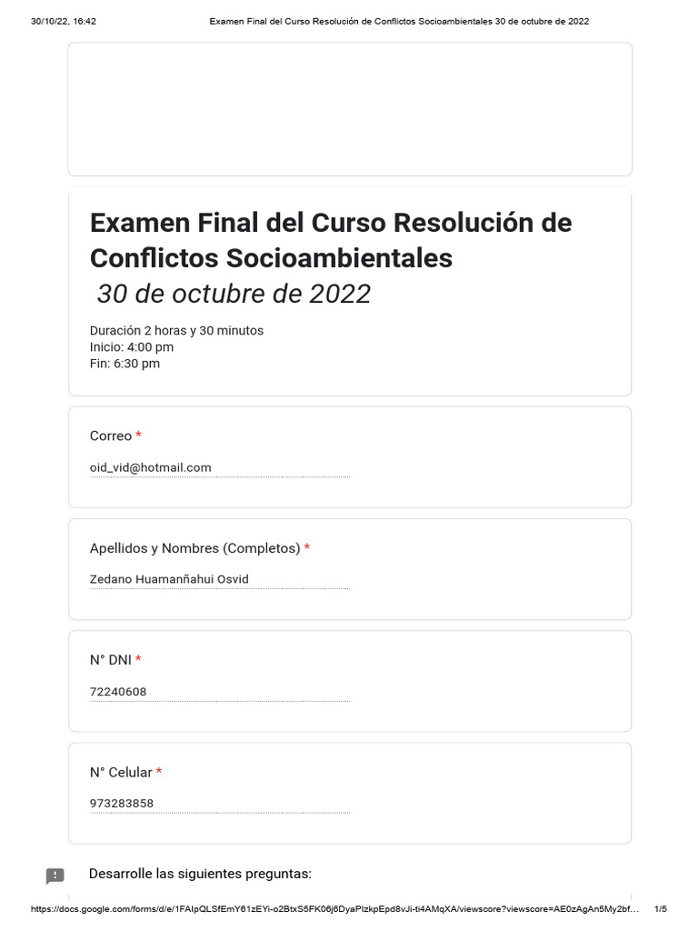 Examen Final Del Curso Resolución de Conflictos Socioambientales 30 de Octubre de 2022 | PDF ...