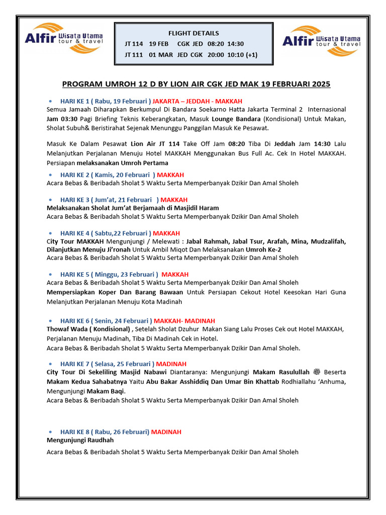 Itinerary Program Umroh 12 d by Lion Air Cgk Jed Starting Makkah Mak 19 Februari 2025 | PDF