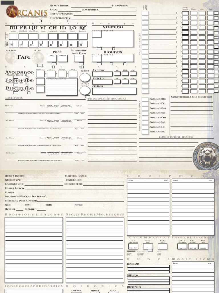 Arcanis RPG Character Sheet Calculated | PDF | Gaming | Role Playing Games