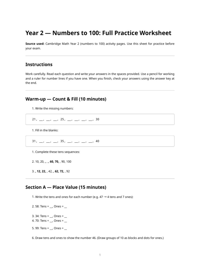 Year 2 Numbers to 100 Practice Worksheet | PDF