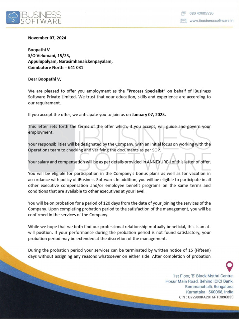 IBusiness Software - Offer Letter - Process Specialist - Boopathi | PDF ...