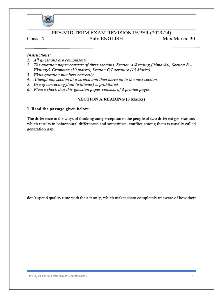 Pre Mid Term English Revision Paper - Class 10 | PDF | Psychological ...