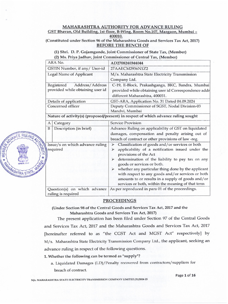 GST Ara Order-Maharashtra State Electricity Transmission Co LTD 1 | PDF