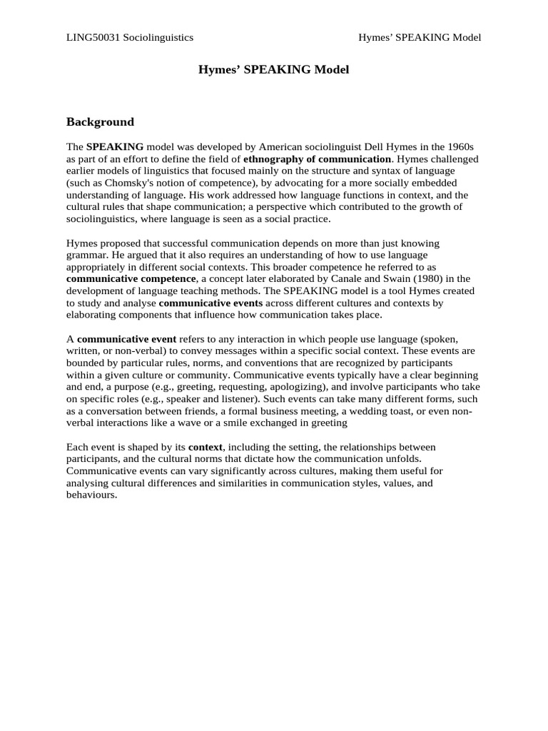Hymes' SPEAKING Model Explained | PDF | Sociolinguistics | Communication