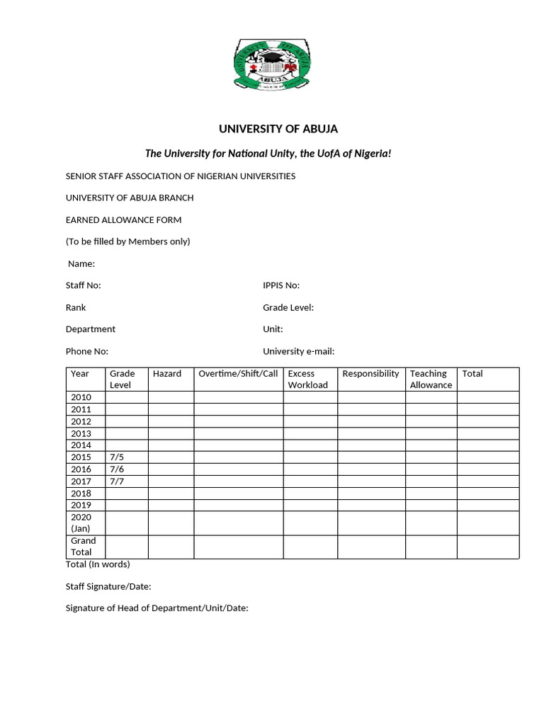 University of Abuja Earned Allowance Form | PDF