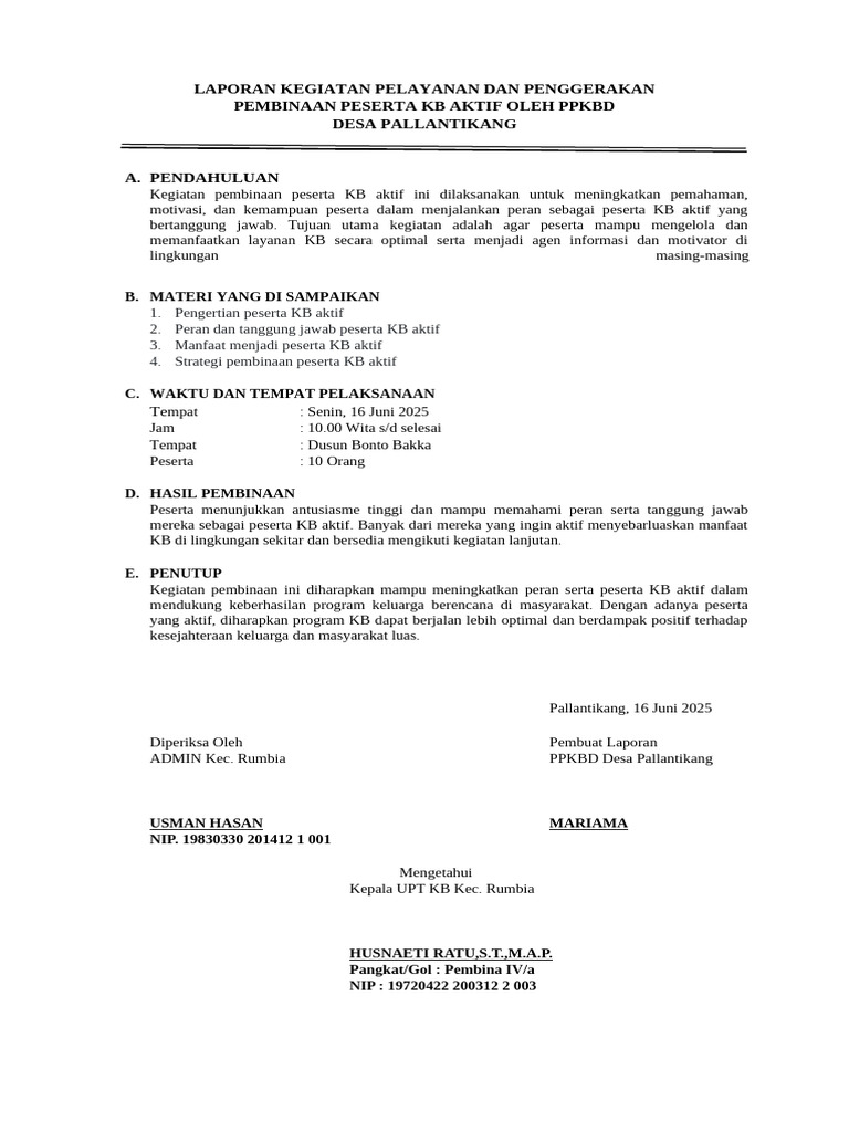 Pembinaan Peserta KB Aktif Desa Pallantikang | PDF